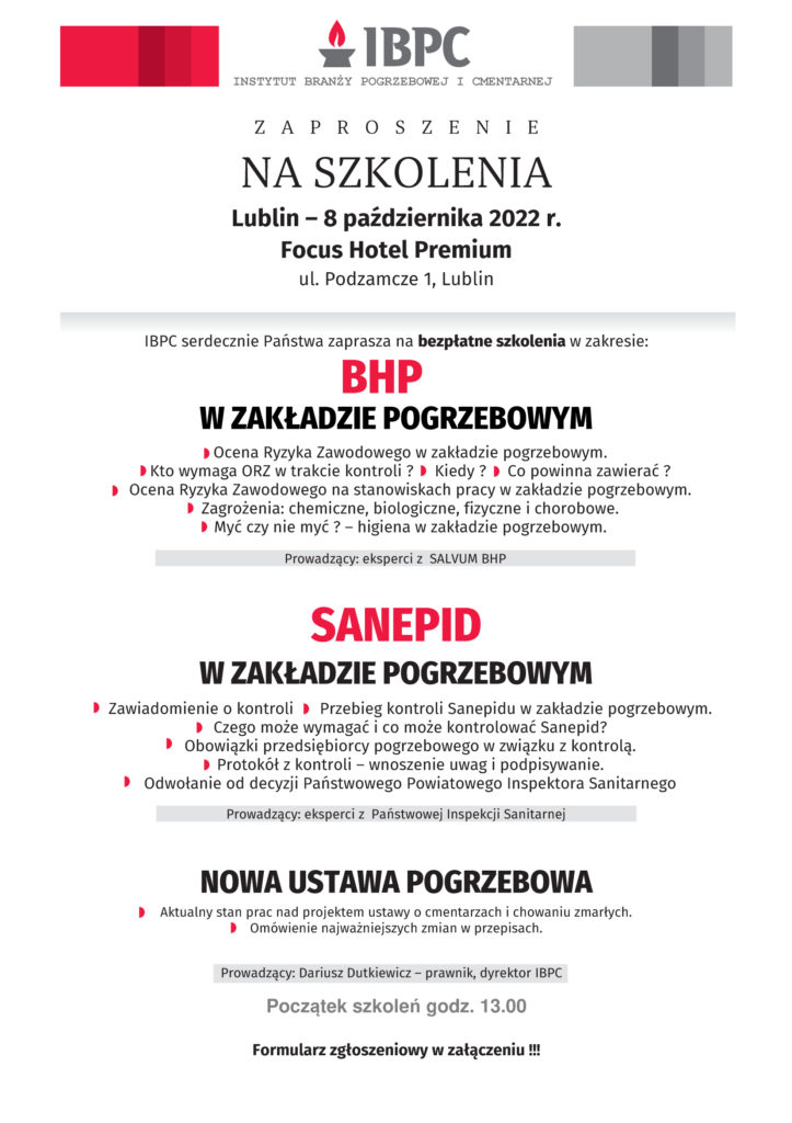 SZKOLENIE – LUBLIN 2022 – INSTYTUT BRANŻY POGRZEBOWEJ I CMENTARNEJ
